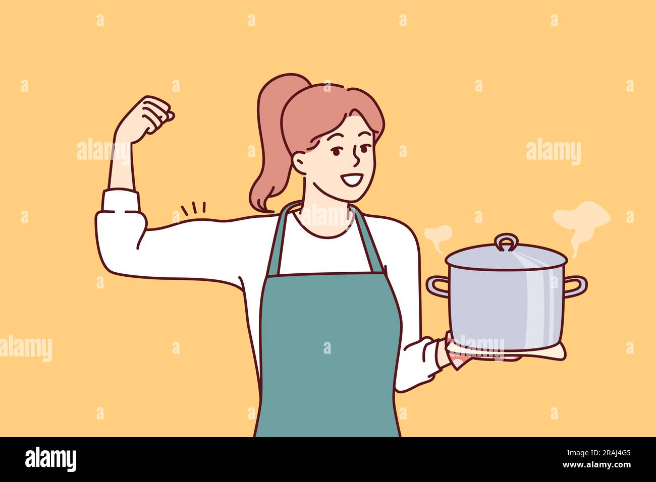 Woman cook holds pot of soup and shows biceps as sign of pride in ...