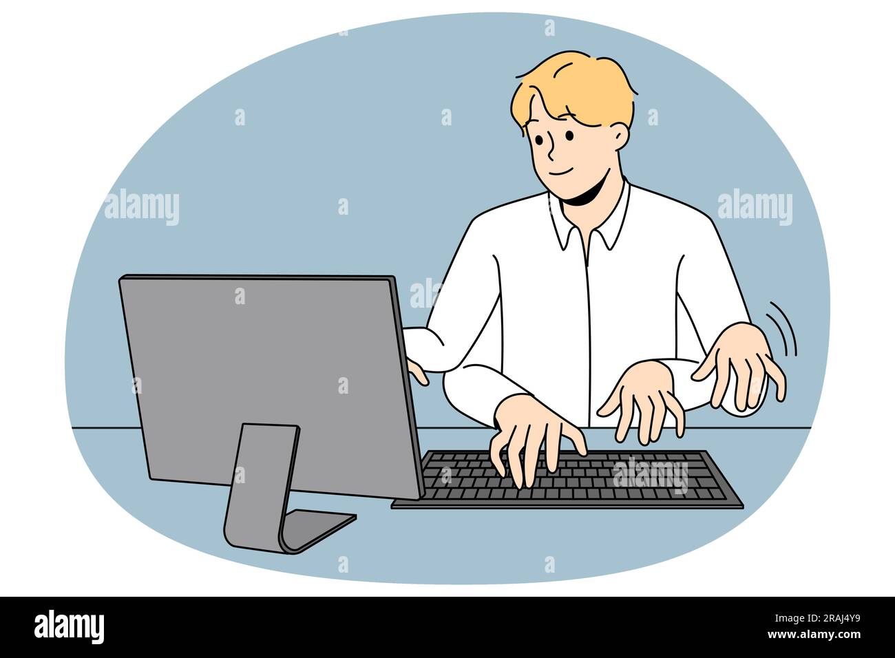 Businessman working on computer with numerous hands being fast and ...