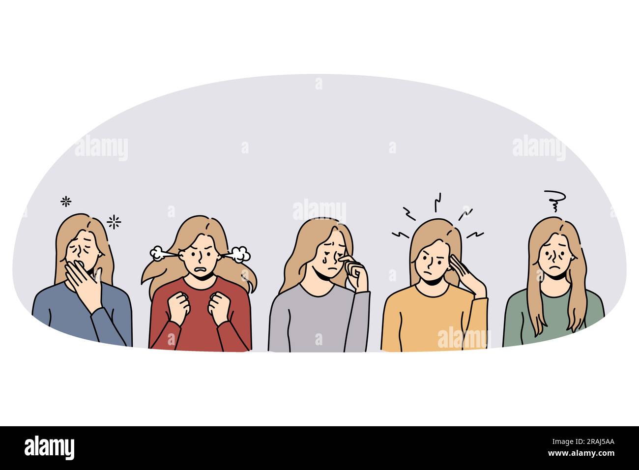 Set of young women having different symptoms and emptions of stress in ...