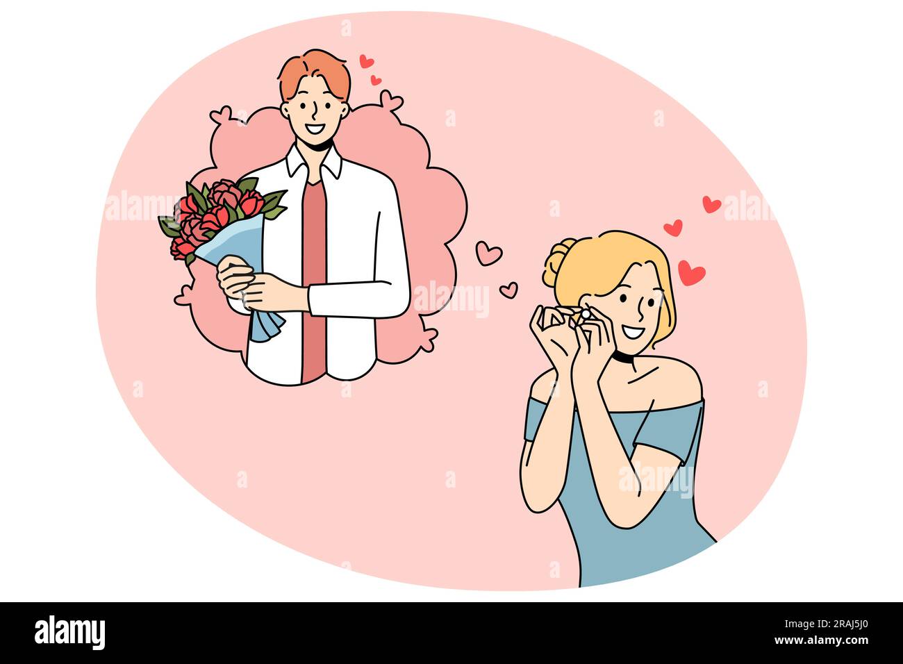 Happy young woman dreaming of beloved man coming on date with flowers ...