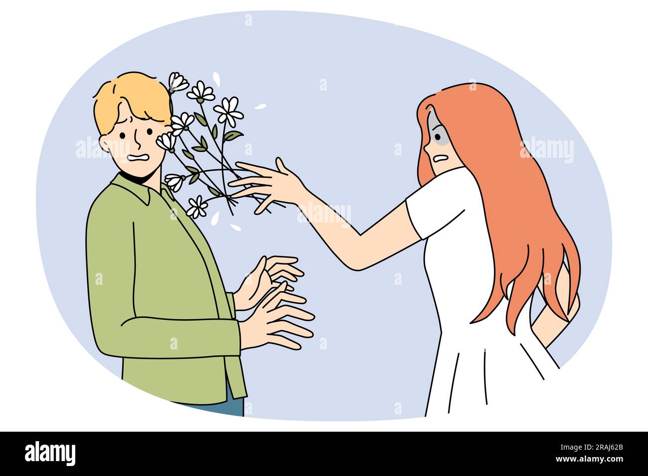 Angry woman throw flowers bouquet to man face distressed with bad date ...
