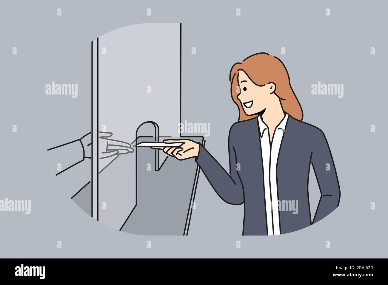 Woman buys plane or train ticket at airport office with glass between ...