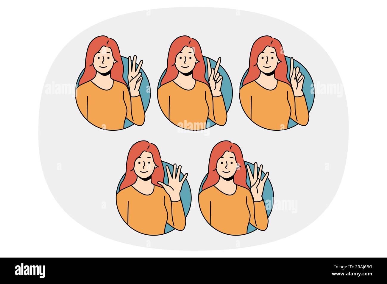 Set of smiling woman showing numbers with hand gesture. Happy girl ...