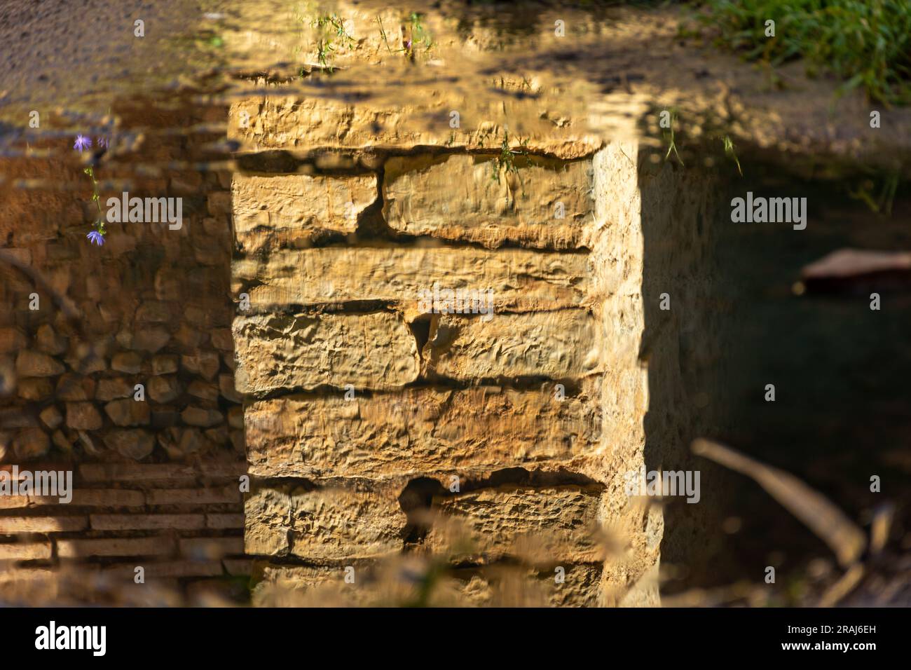 Close-up Roman ruins reflection on the rainwater pond in the ancient ...