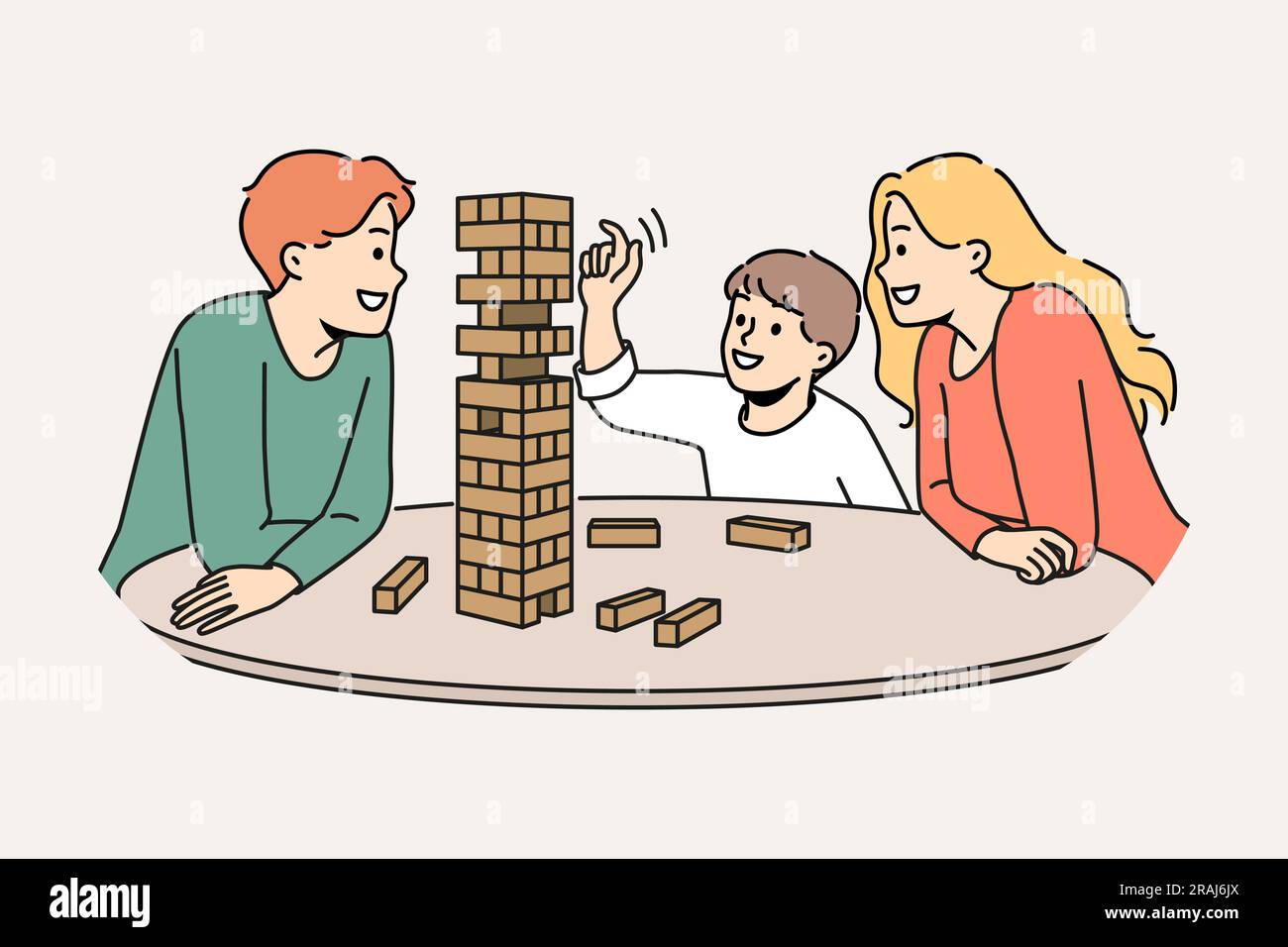 Happy family plays jenga with child enjoying board game and developing ...