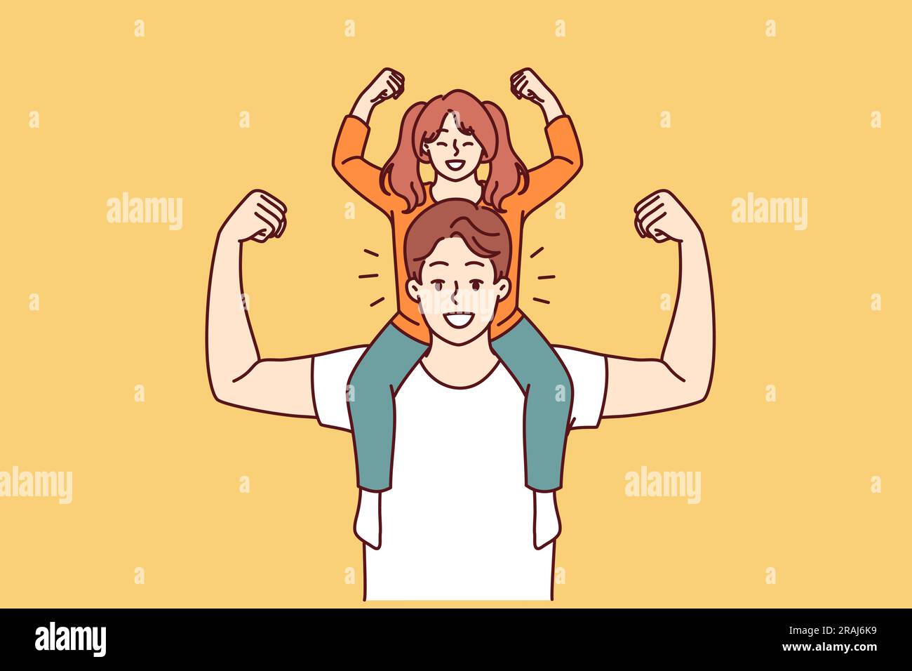 Little daughter sits on shoulders of strong father and demonstrates ...