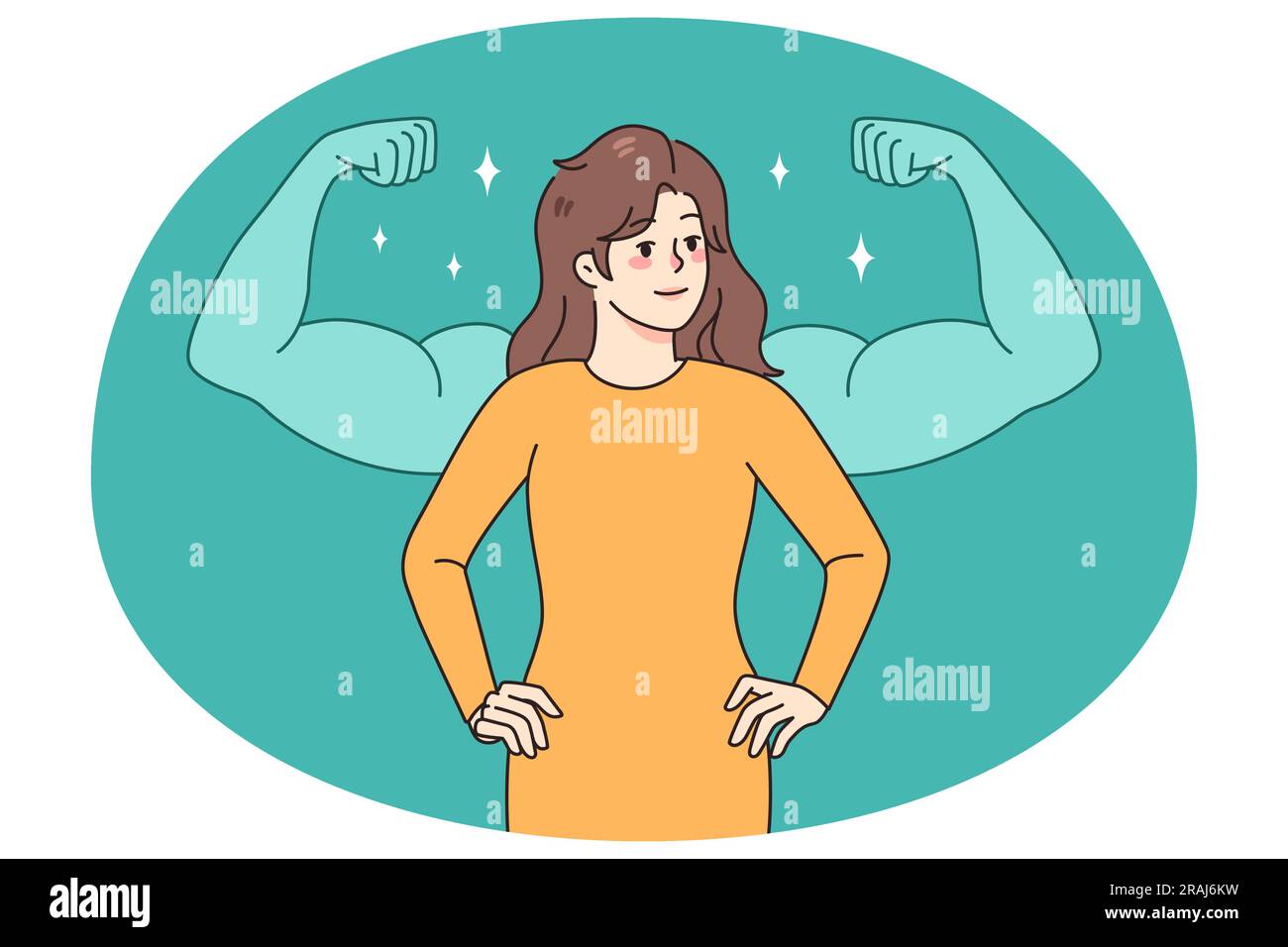 Confident young woman in dress with muscular arms behind her ...