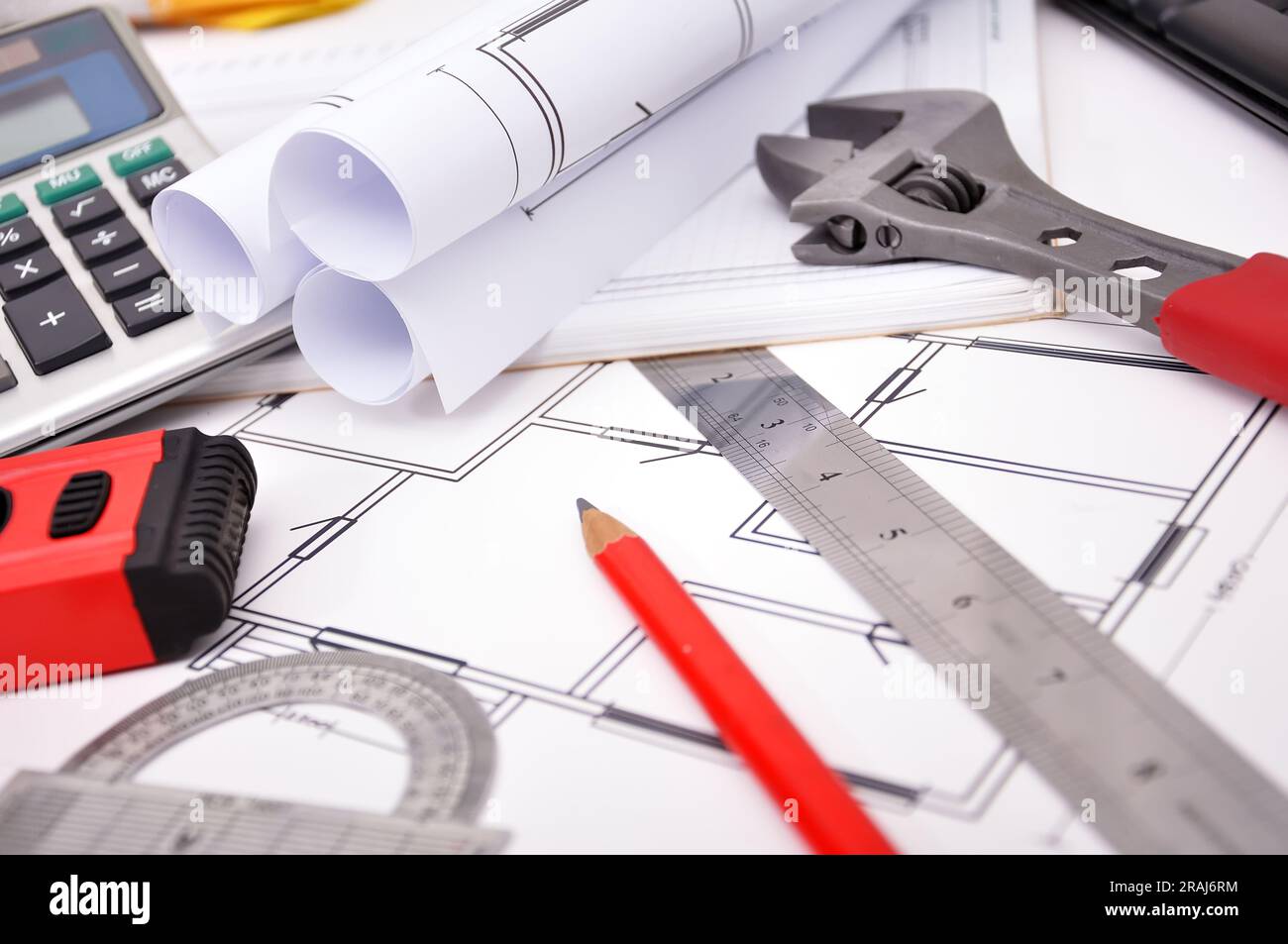 apartment blueprint and tools on desktop, workspace engineer Stock ...