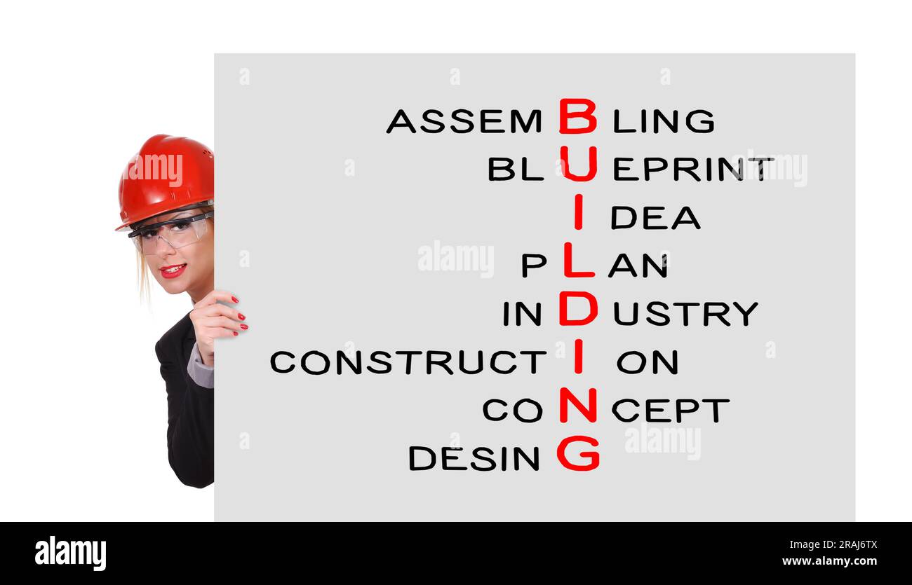 Engineer woman holding placard with drawing building concept Stock ...