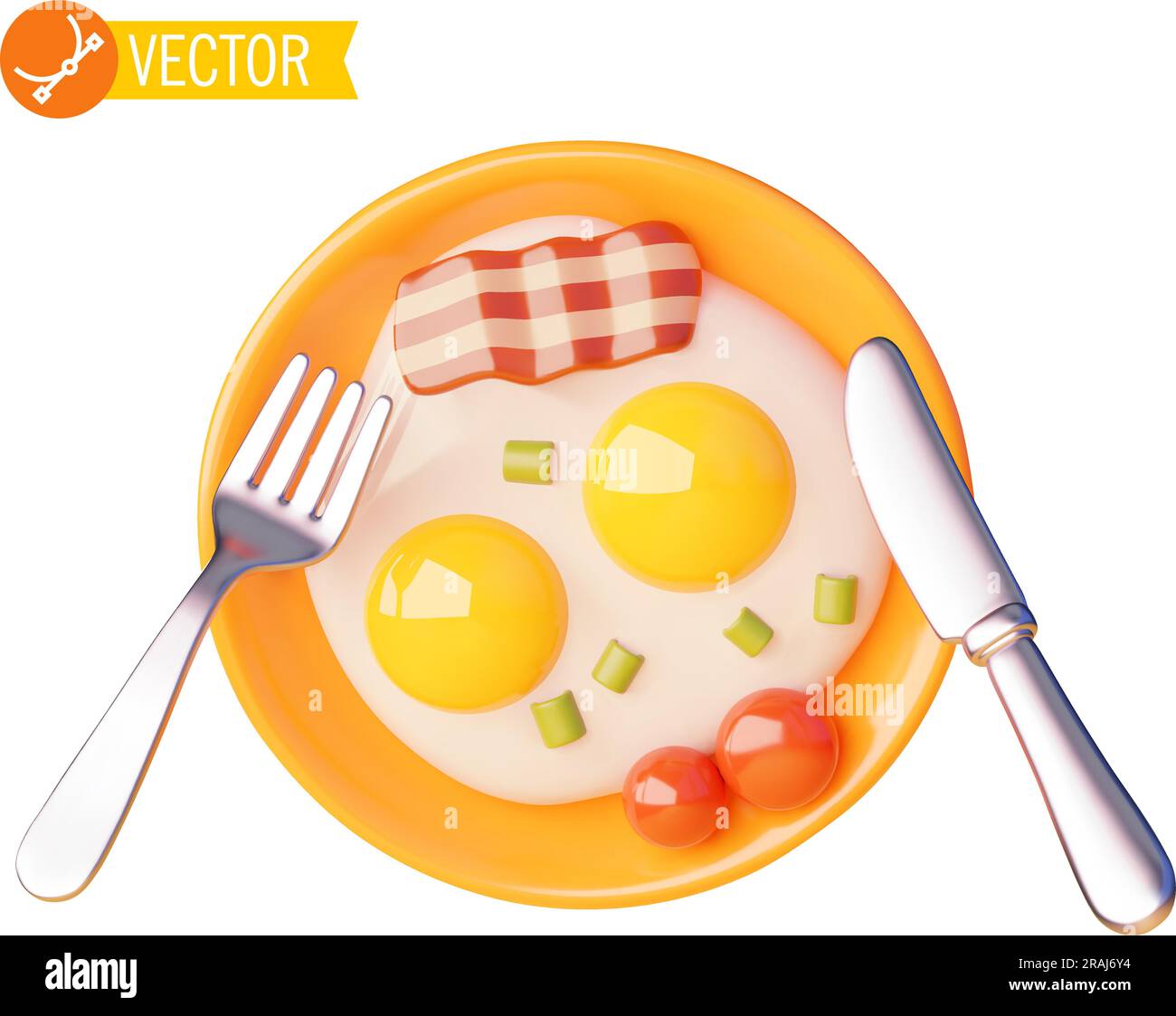 Vector breakfast icon. Fried eggs with roasted bacon and fresh tomato ...