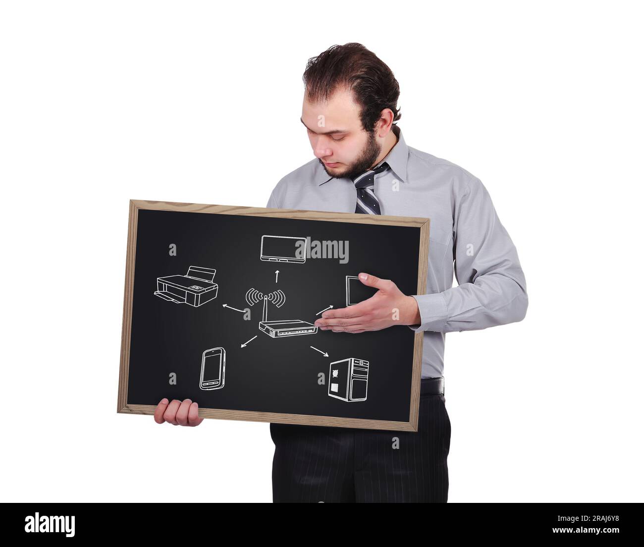 Businessman holding blackboard with drawing computer network Stock ...