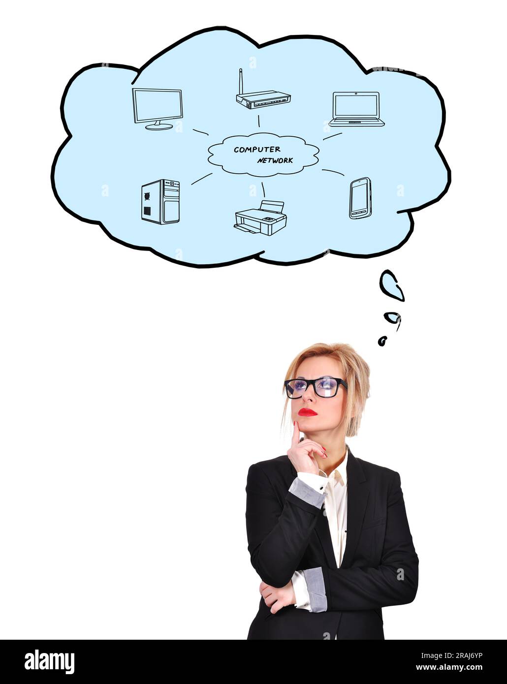 businesswoman thinking about computer network on white background Stock ...