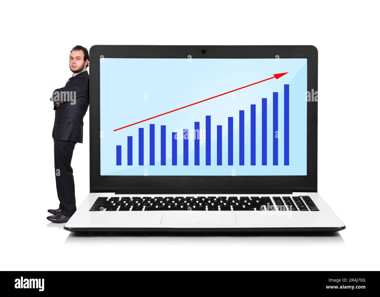 Businessman leaning on a laptop with chart Stock Photo - Alamy