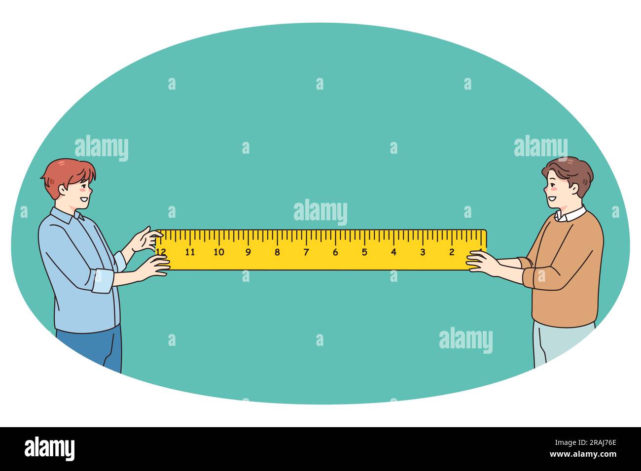 Smiling men holding ruler work on repairing project together. Male ...