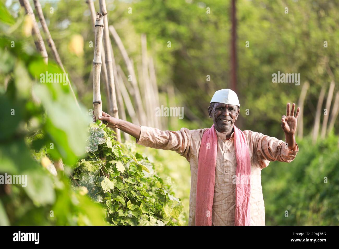 Indian farming Happy indian farmer standing in farm, sowing Empty Hands ...