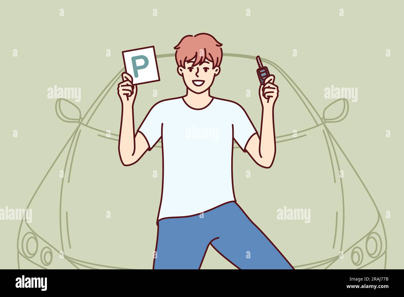 Man driver is standing near car demonstrating key and parking plate ...