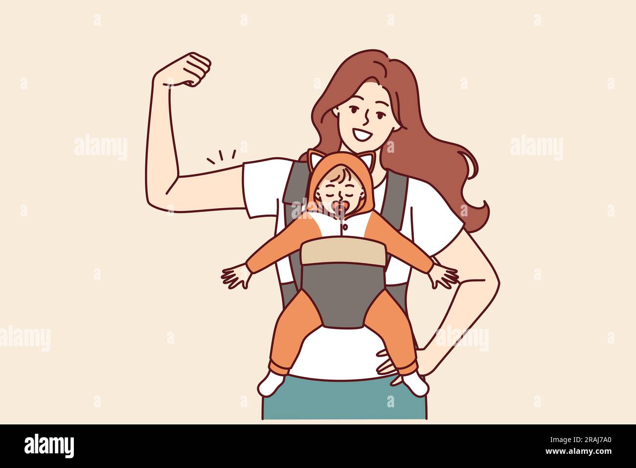 Strong mother with newborn in baby carrier shows biceps demonstrating ...
