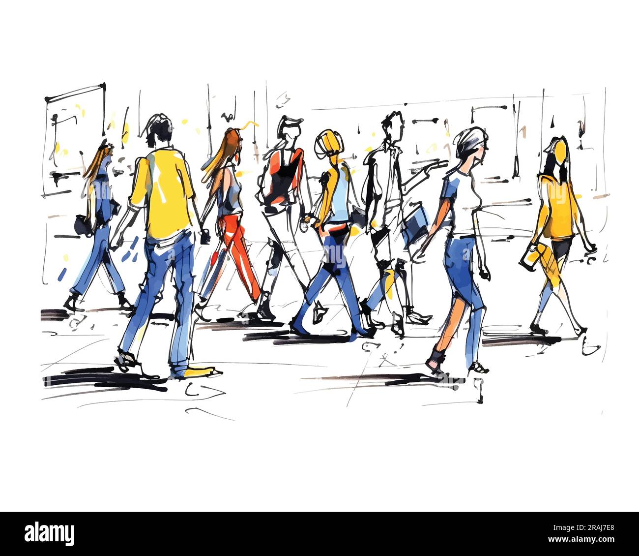 vector illustration: crowd of people walking along a city street ...