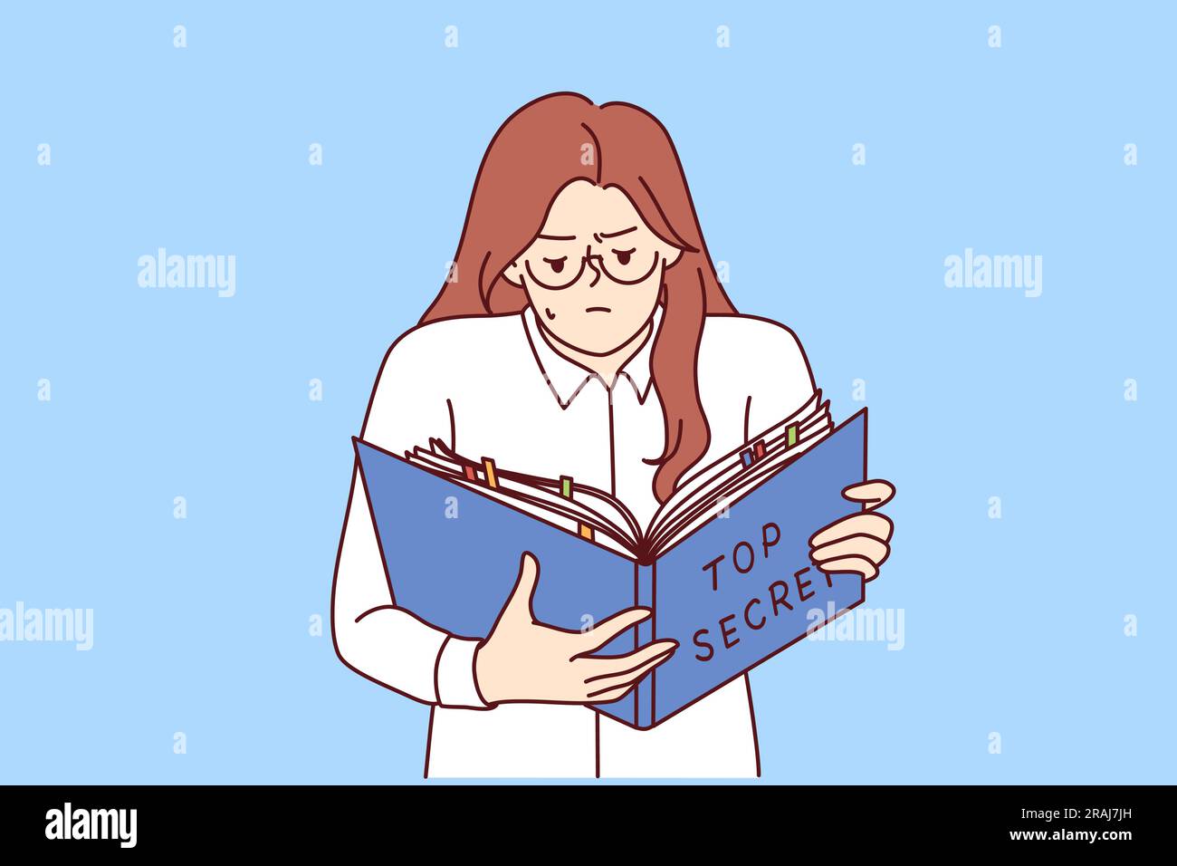 Woman is studying secret documents holding folder of papers in hand and ...