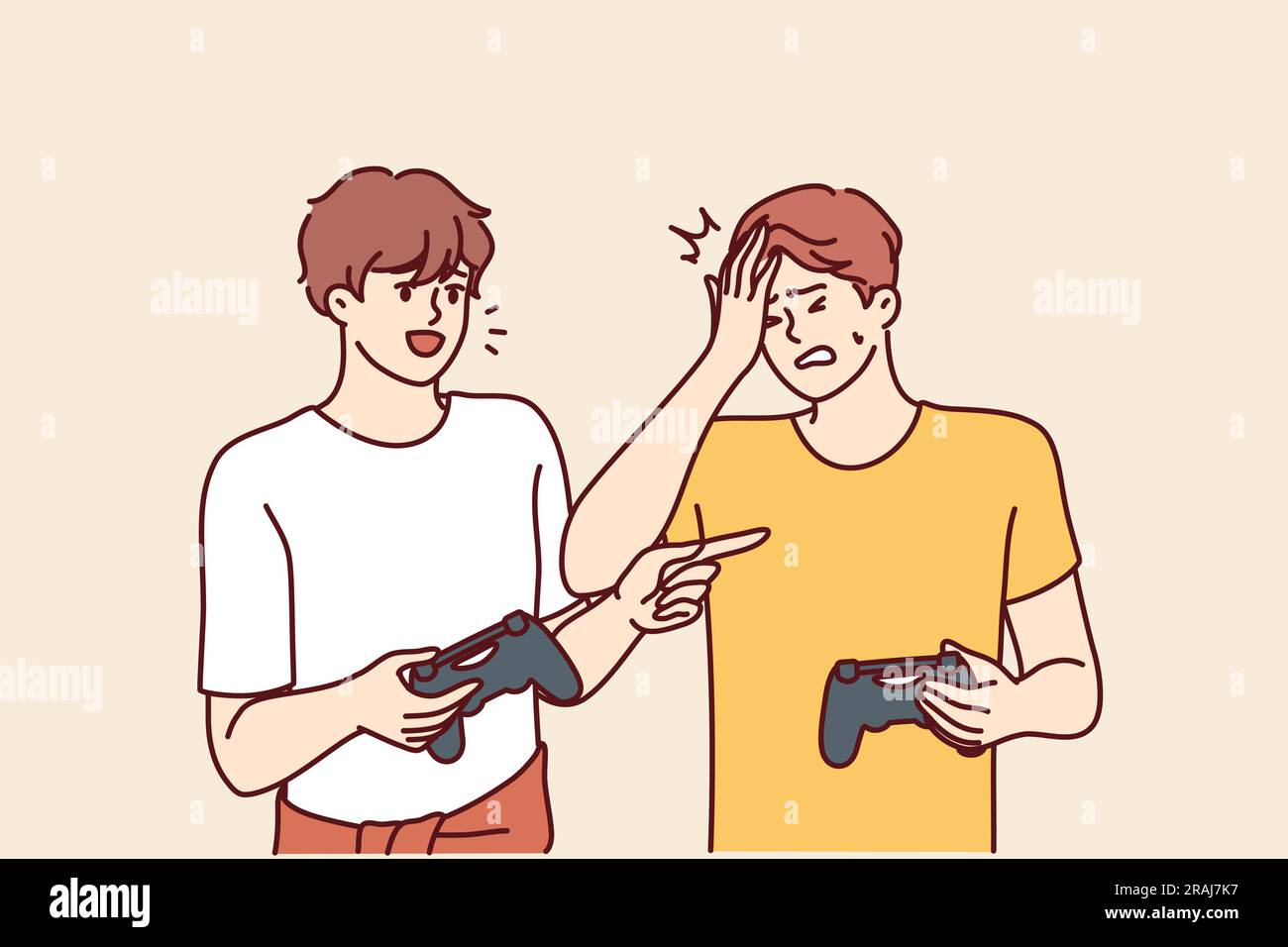 Men play video game and hold joysticks for computer or console during ...