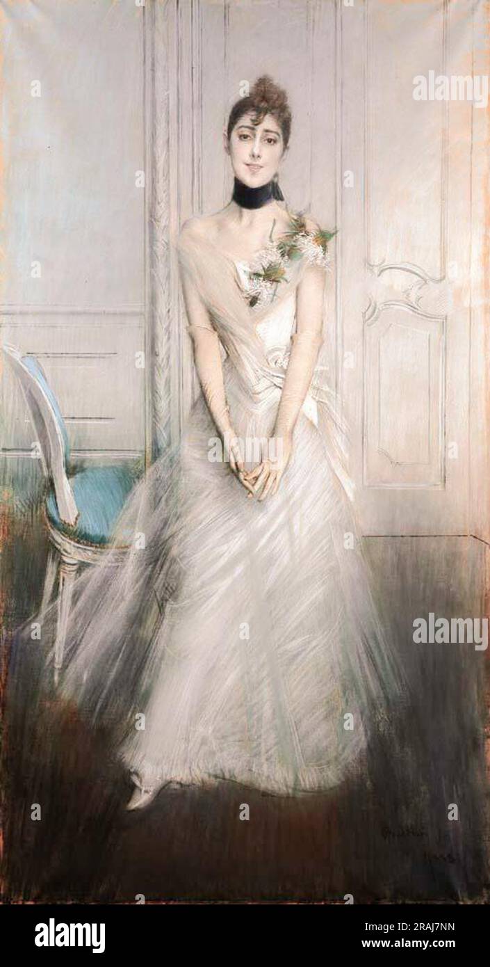 Portrait of Emiliana Concha de Ossa, full length, wearing a white dress ...