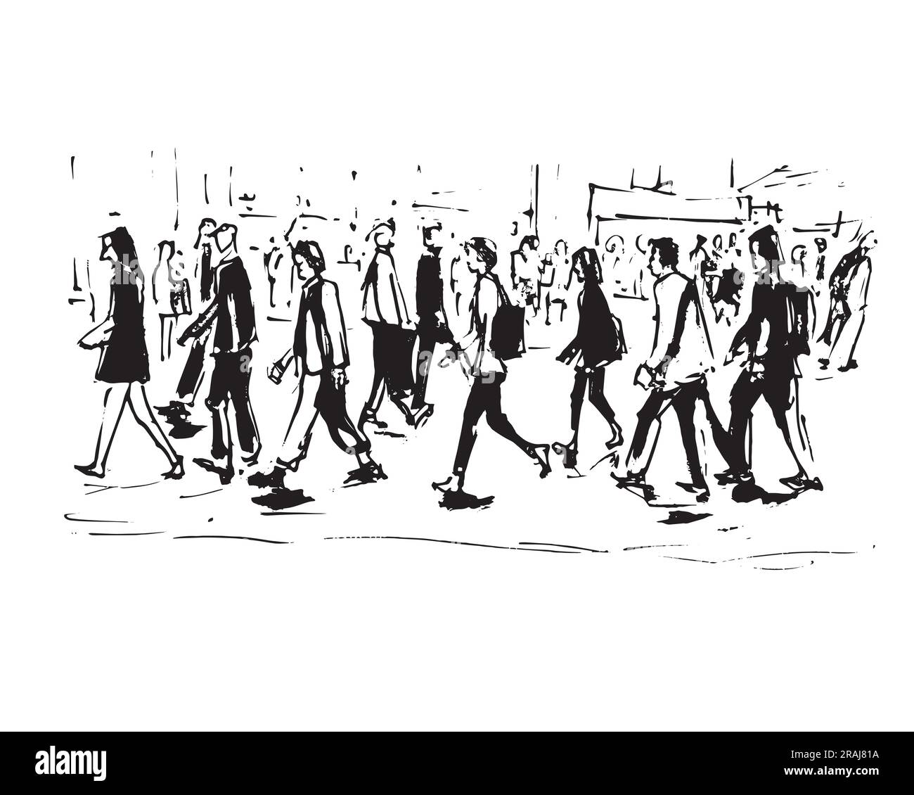 vector illustration: crowd of people walking along a city street ...