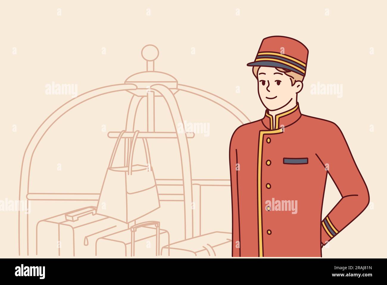 Bellboy works at hotel standing near cart with suitcases and bags of ...