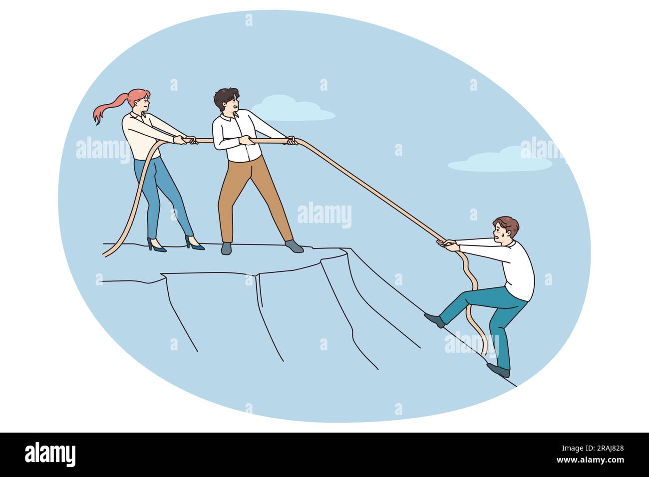 Diverse employees throw rope help colleague climb up hill. Coworkers ...