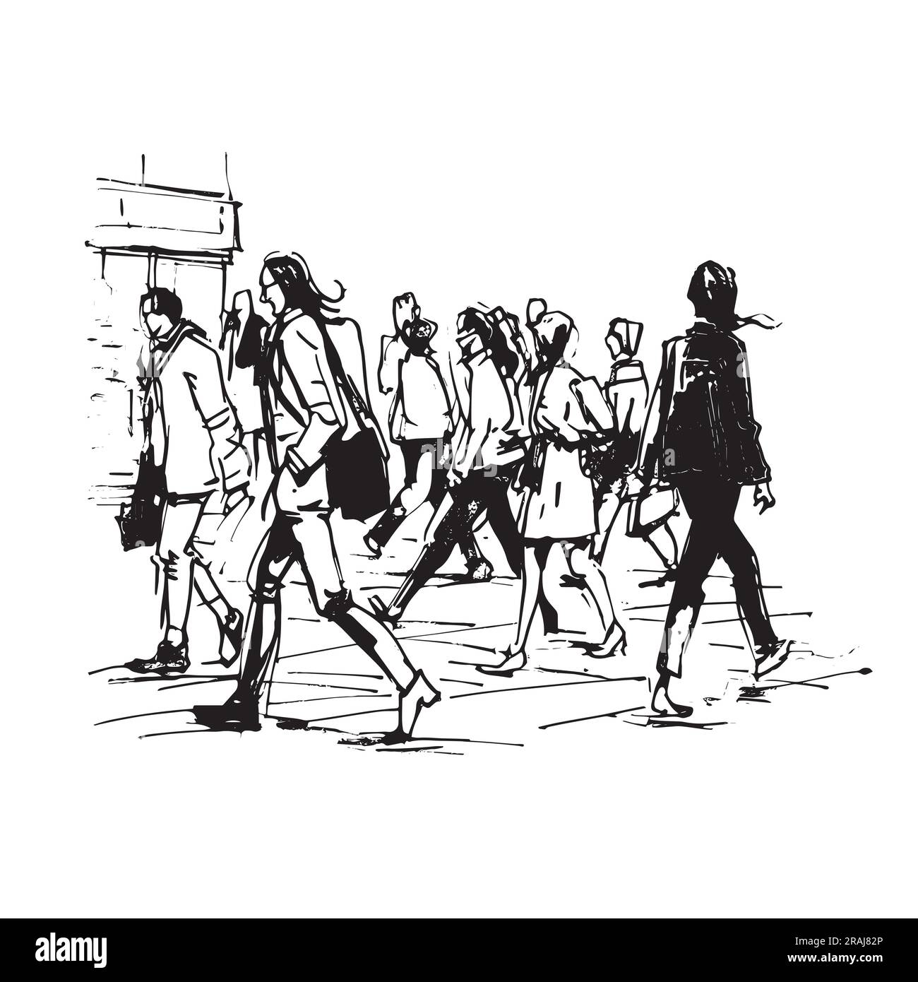vector illustration: crowd of people walking along a city street ...
