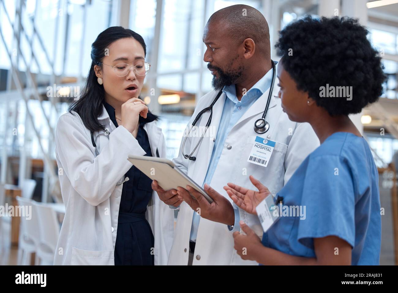 Doctors, mistake and healthcare team fail and scared with paperwork or ...