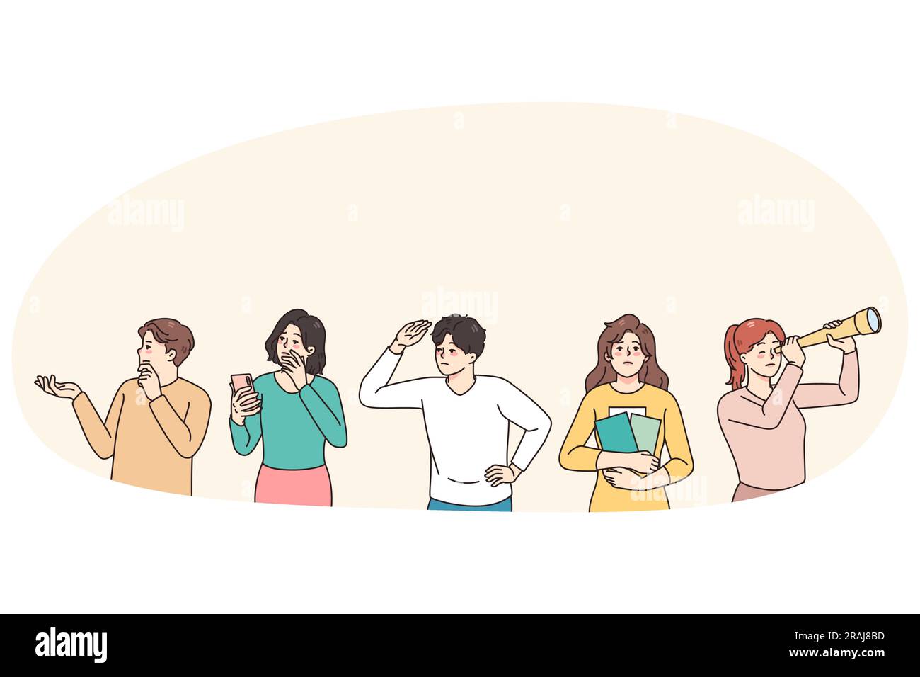 Diverse people with binoculars and spyglass feel confused looking for ...