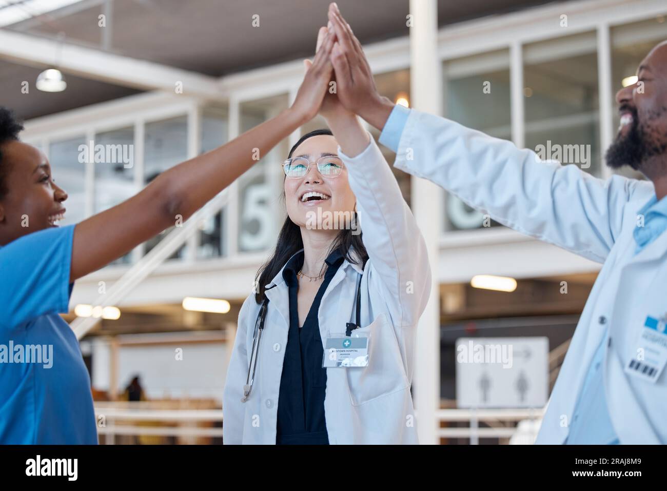 High five, doctors and smile for success, team unity and celebrate medical goals in clinic ...