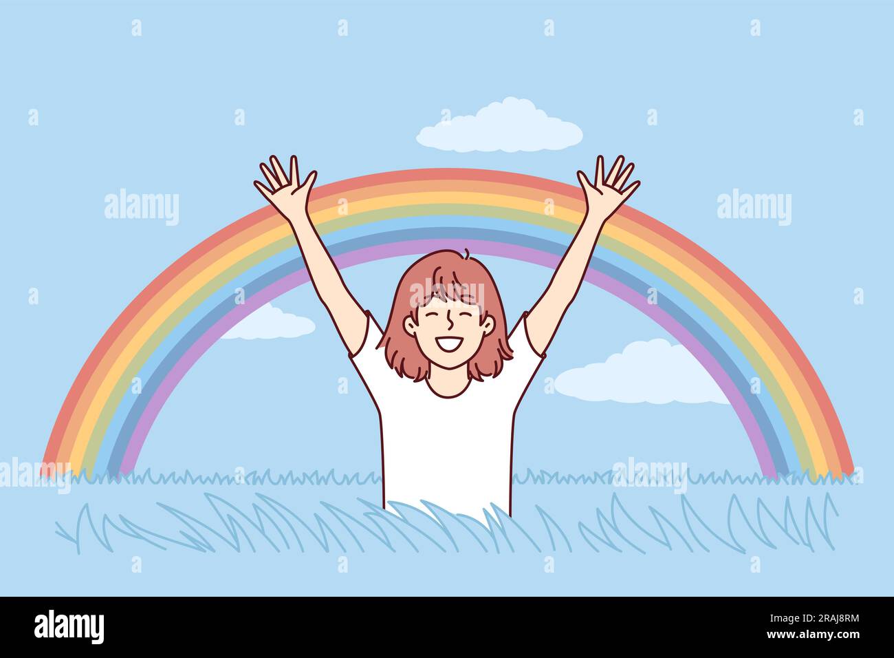 Happy girl rejoices at rainbow appeared in blue sky after rain, and ...