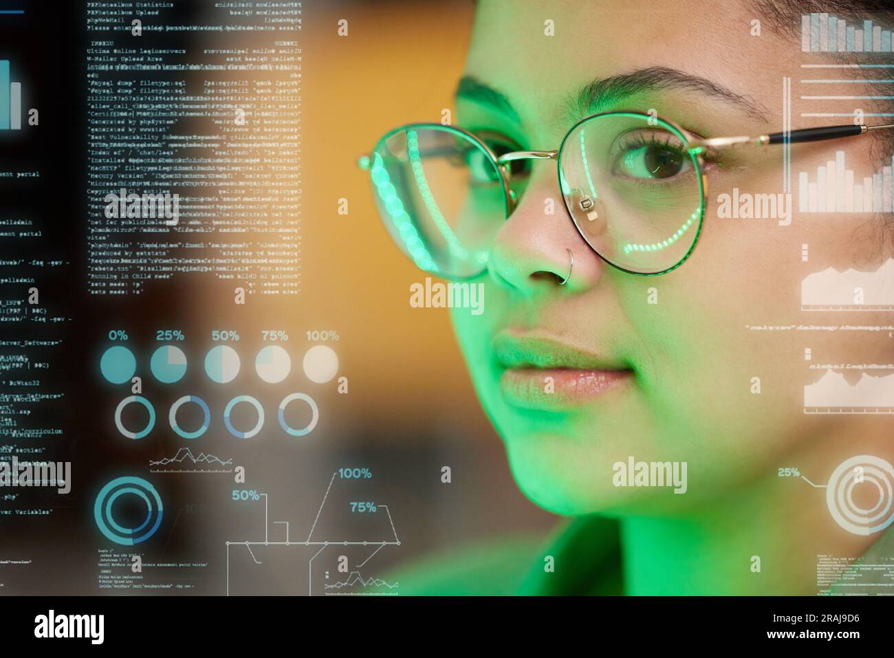 Woman Face And Programmer With Coding Overlay At Night In Software Troubleshooting Or