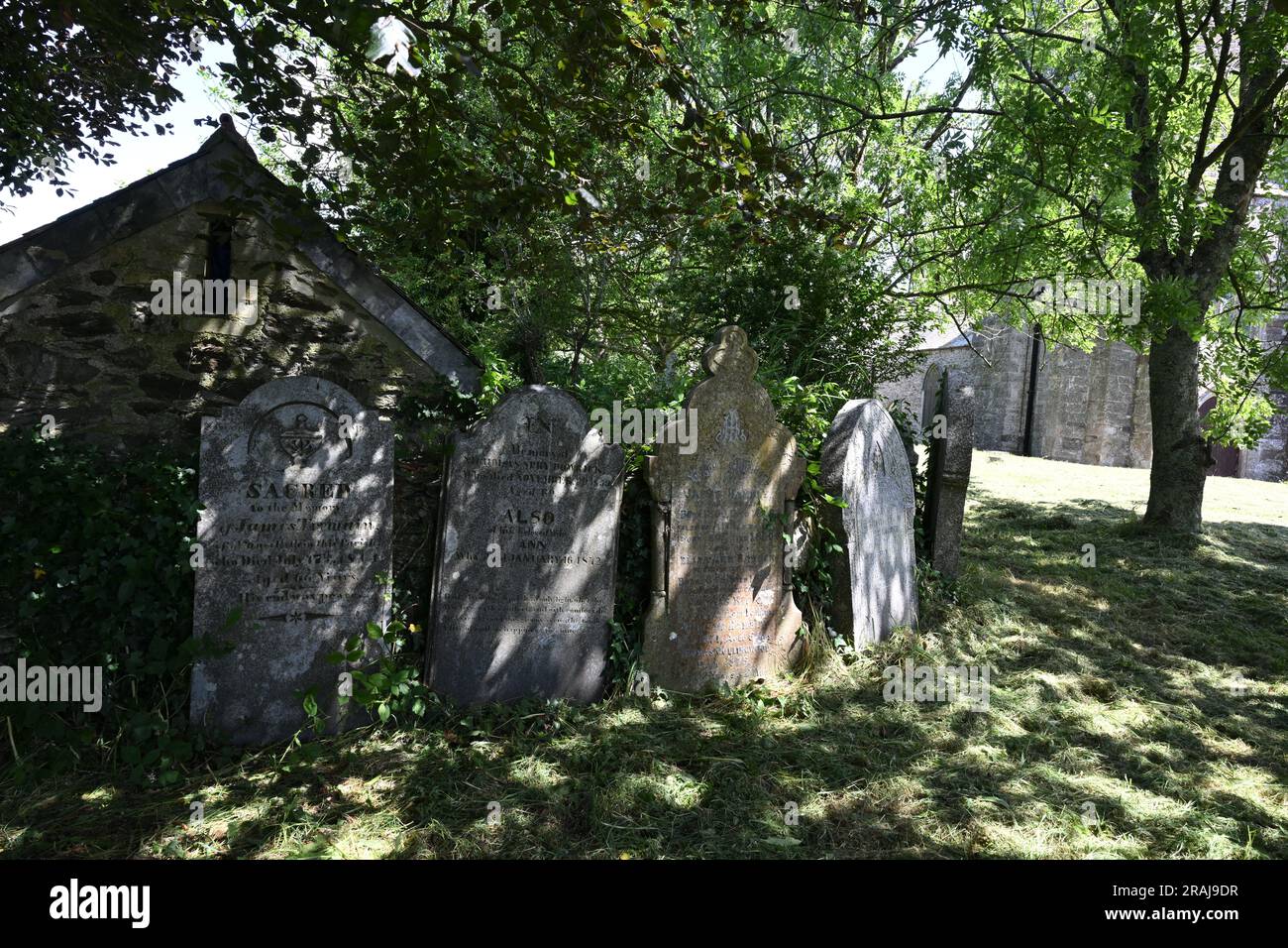 ST NEWLYN EAST CHURCH AND GRAVE YARD WITH HEADSTONES AND PATH LINE WITH ...