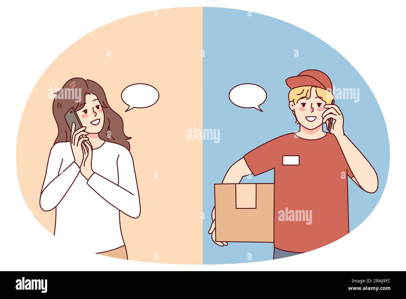 Female client talking on phone with deliveryman. Woman speaking on ...