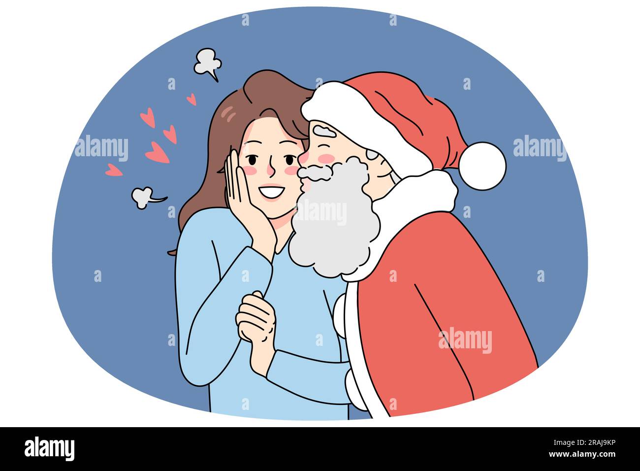 Santa Claus in red costume kissing excited young woman in cheek. New ...