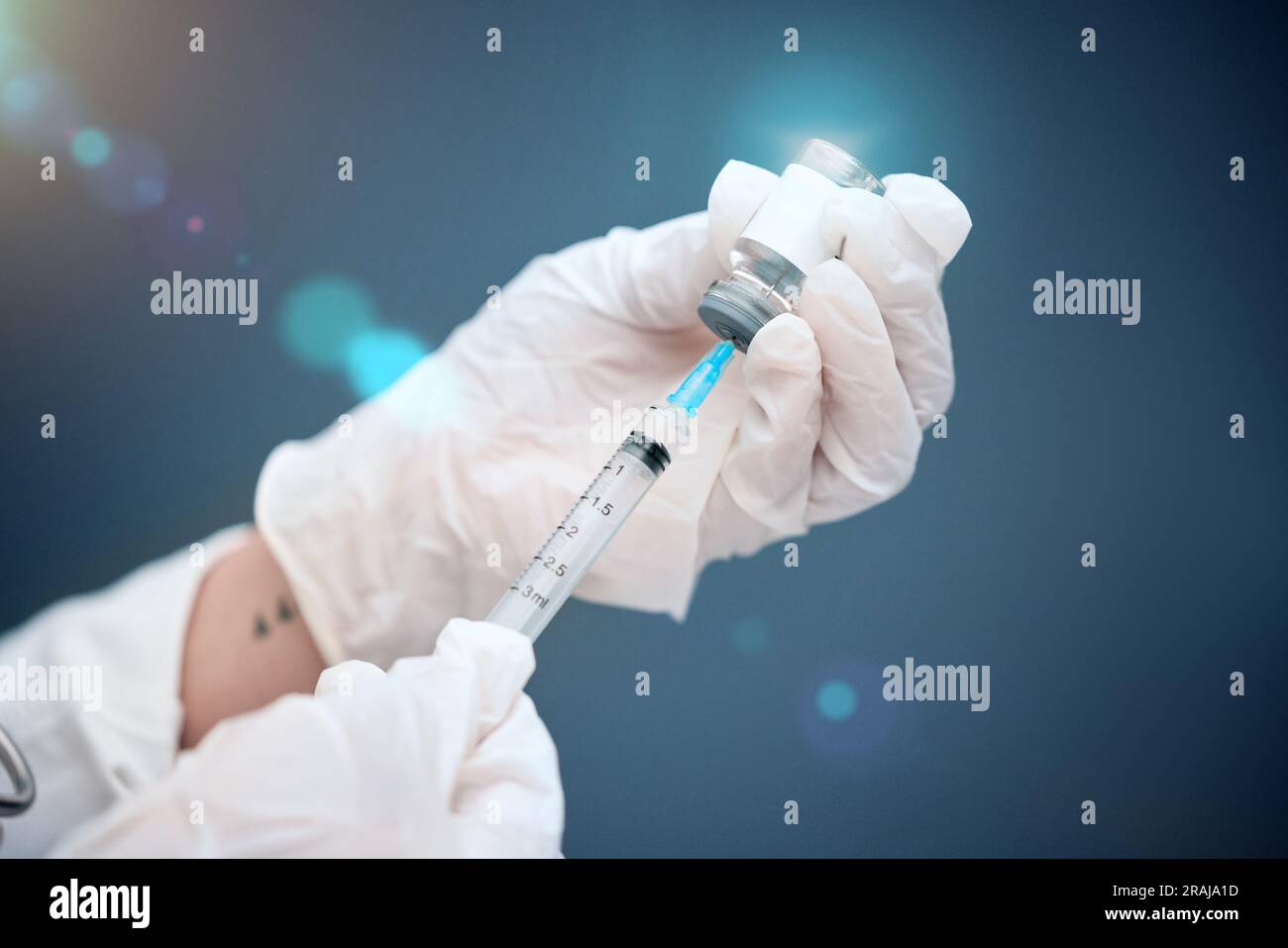 Closeup, hands and vial with medicine, injection and needle with a ...