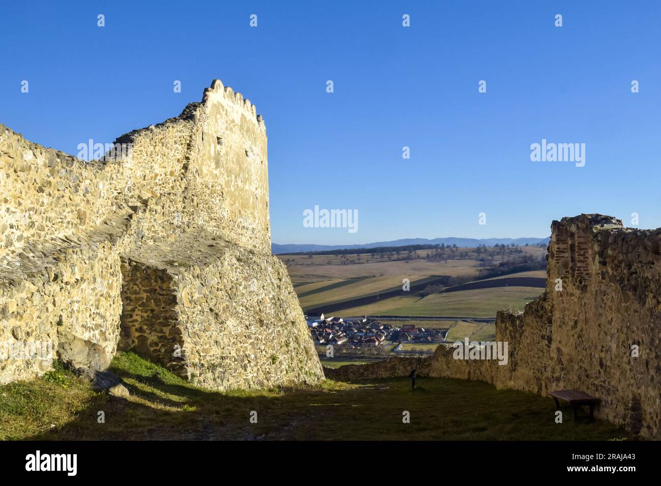 Scenic view of ancient Rupea fortress in Romania against blue sky with ...