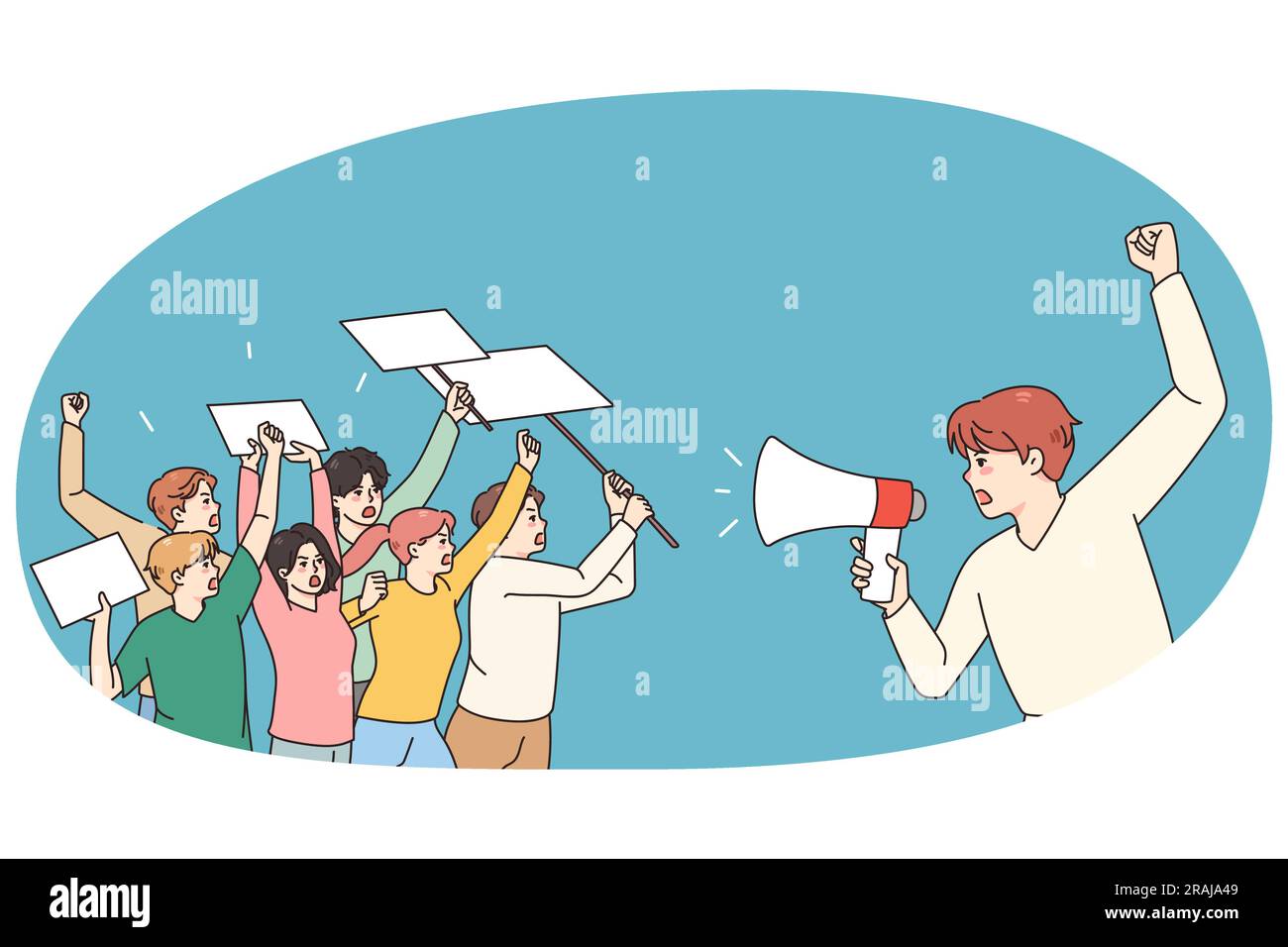 Male leader with megaphone head demonstration with diverse people ...