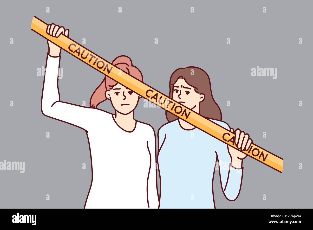 Women near yellow caution tape prohibiting passage to crime scene or ...