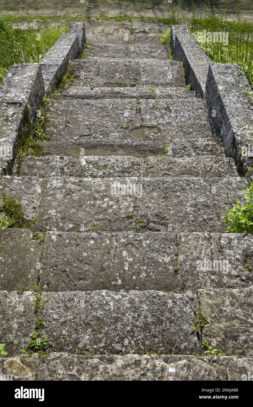 Picturesque view of stone steps of stairs in park. Old stone staircase ...