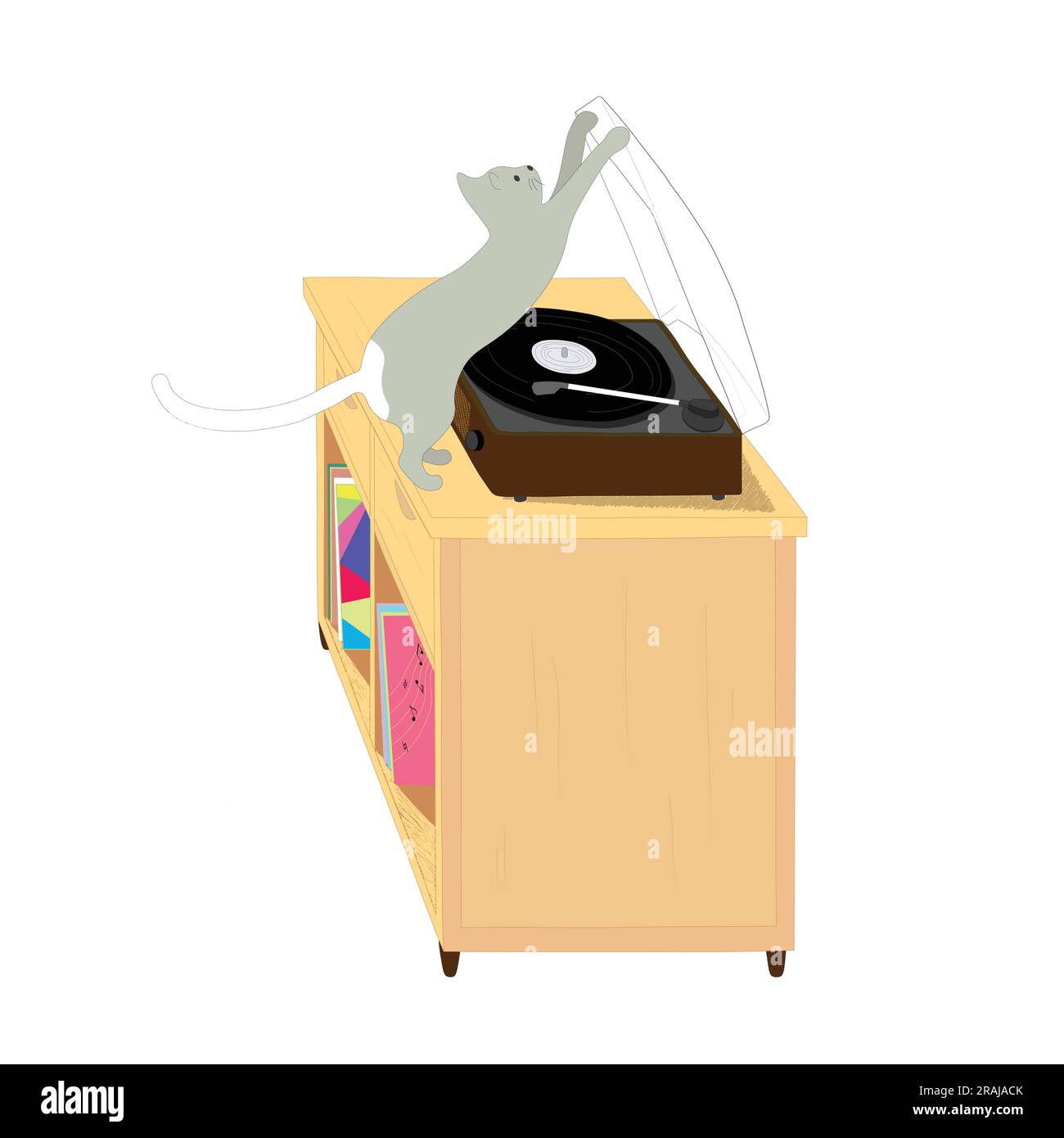 Cute Cat Flat Vector In Cartoon Style Cat Plays With Record Player