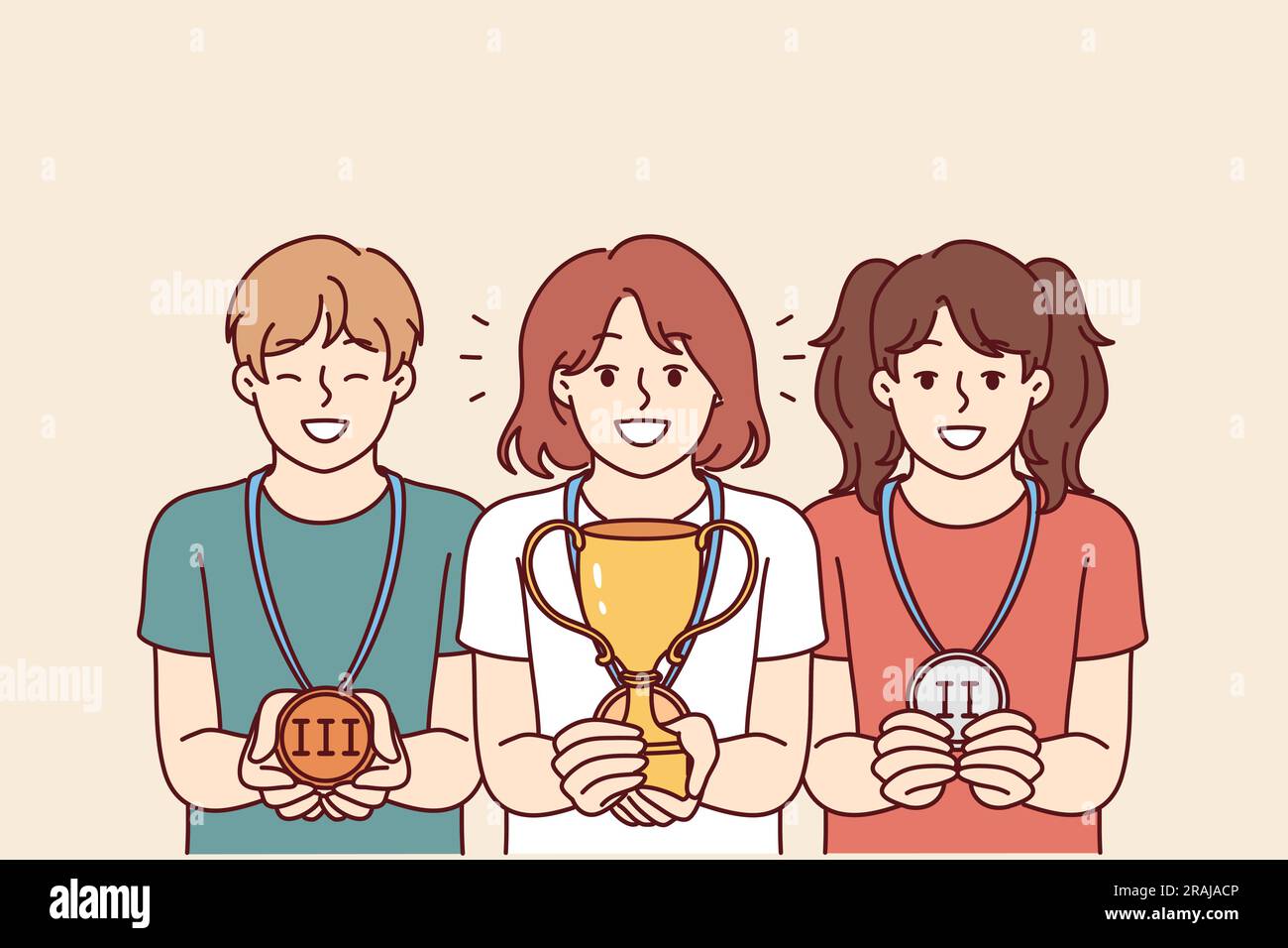 Children with trophies for winning school olympiads or competitions ...