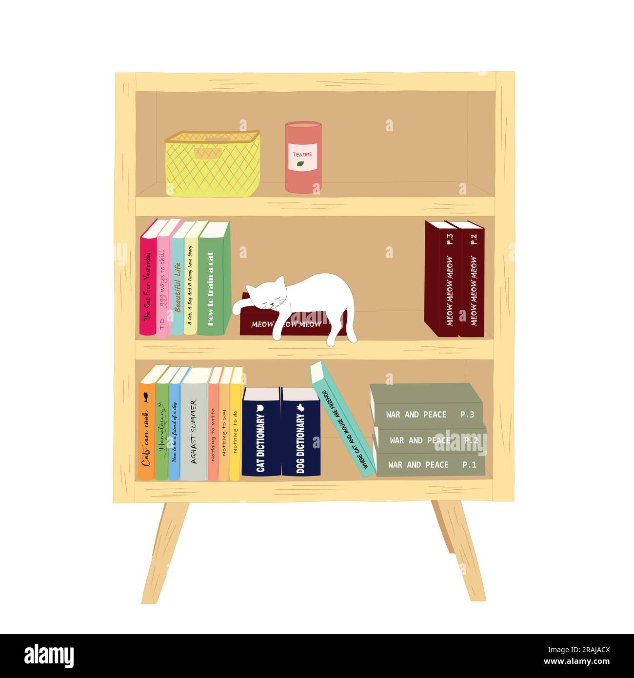 Cute Cat Flat Vector In Cartoon Style Kitty Sleeps In The Book Cabinet