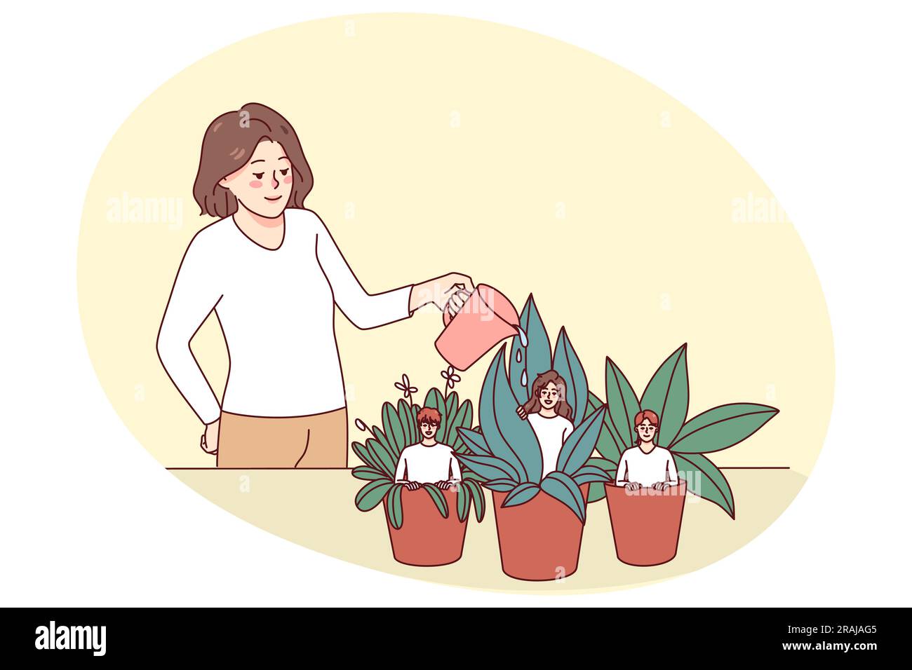 Employees sit in small pots and manager watering them. Boss or leader ...