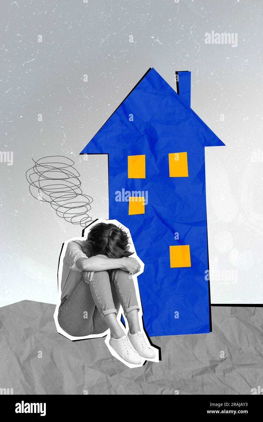 Vertical collage picture of unsatisfied black white colors girl cry ...