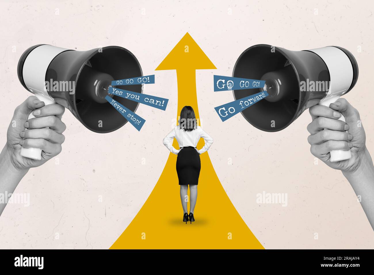 Creative collage picture of black white colors arms hold loudspeaker ...