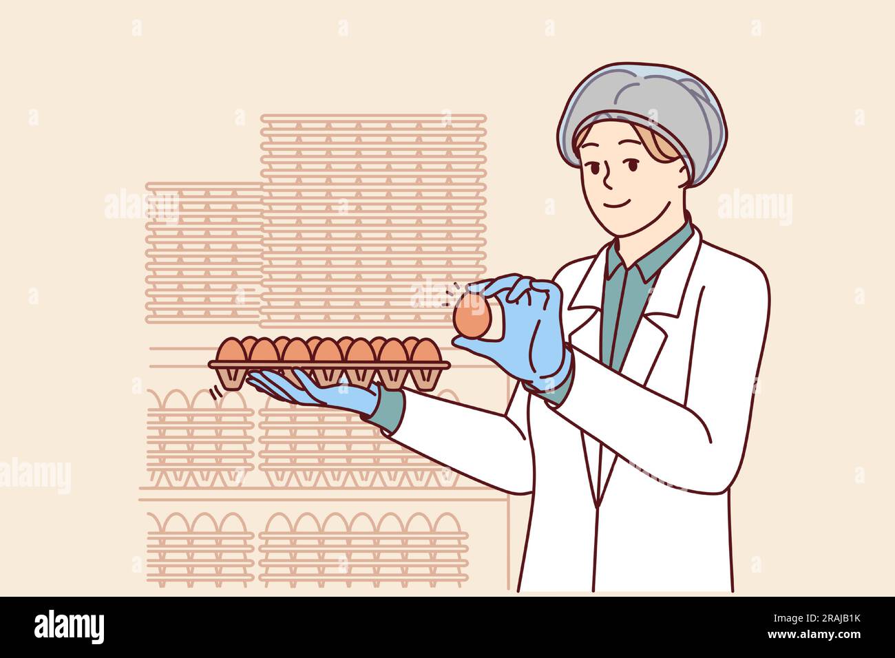 Woman factory worker holds chicken eggs while checking finished product ...