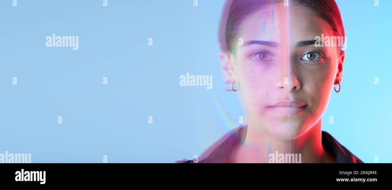 Face overlay, futuristic and woman on studio blue background for ...